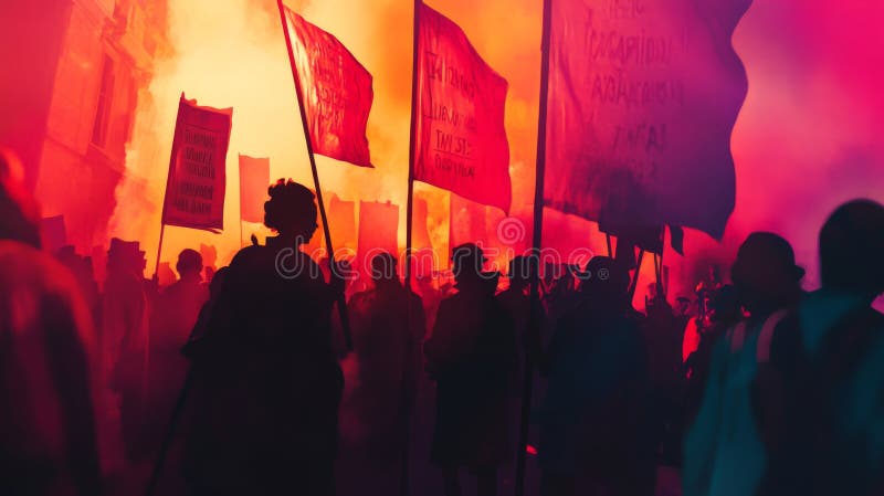 A Vibrant Scene of a Protest Illuminated by Fiery Colors. Flags Wave ...