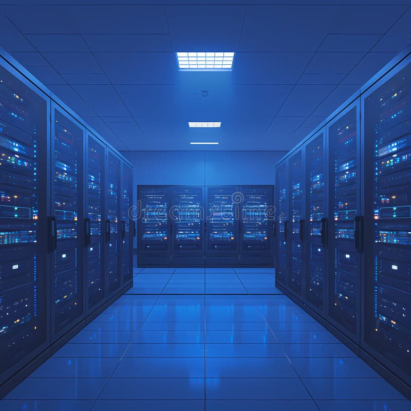 Blue-lit Server Room - Modern, Clean, and Futuristic Stock Illustration ...