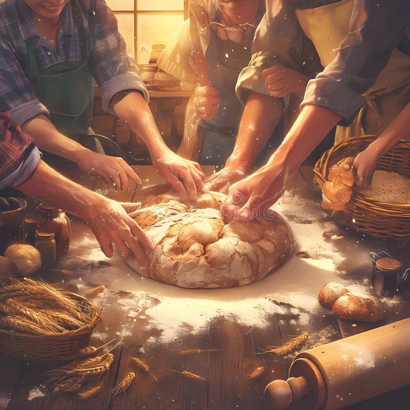 Hands Kneading Bread, Teamwork and Craft in Action. Stock Illustration ...