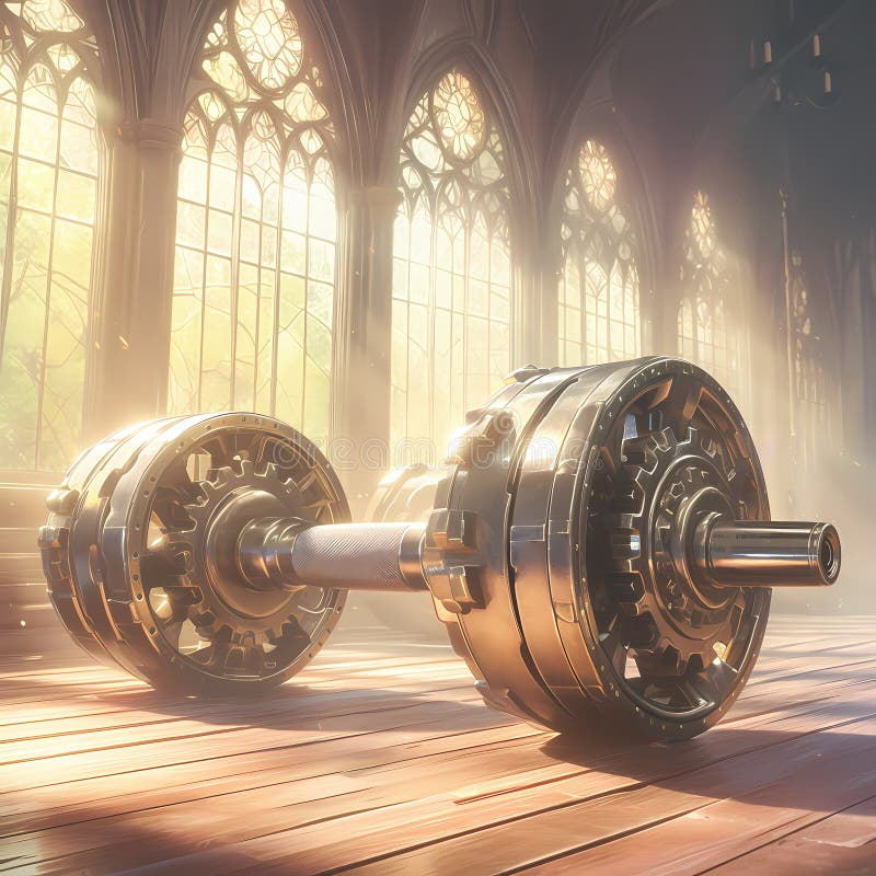 Vintage Strength: Steampunk Dumbbells in a Cathedral-Like Setting Stock ...