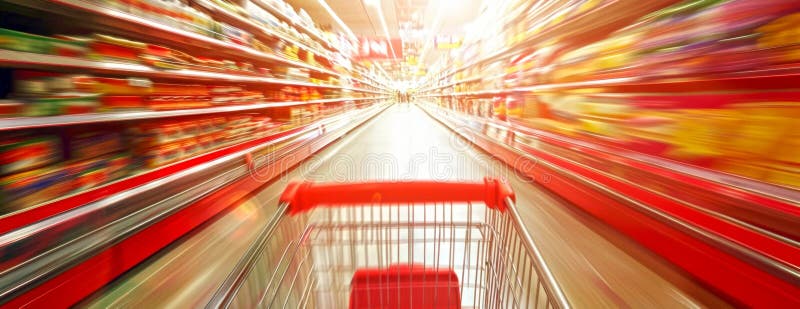 A Grocery Cart Moving through a Vibrant Supermarket Aisle. the Colors ...