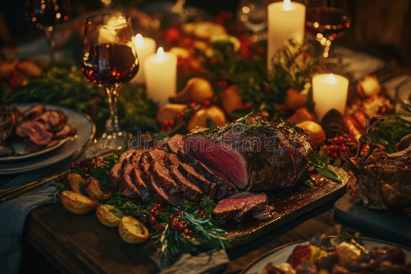 A Beautifully Arranged Dining Table Features a Succulent Roast Beef ...