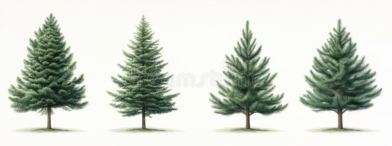 A Set of Five Different Pine Trees Displayed in a Row Showcasing ...