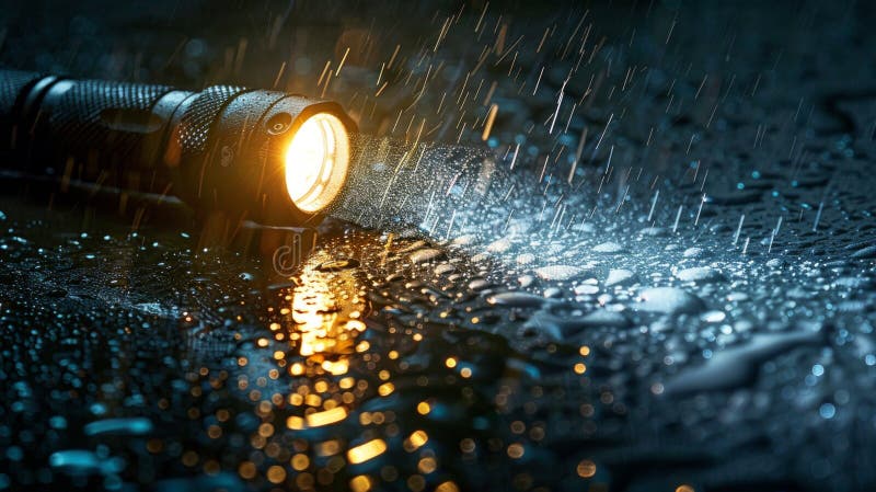 A Flashlight Illuminates the Dark, Rainy Night. the Soft Glow Reflects ...