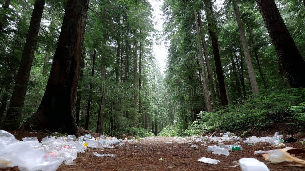 A Serene Forest Path with Towering Trees on Either Side. Trash Litters ...