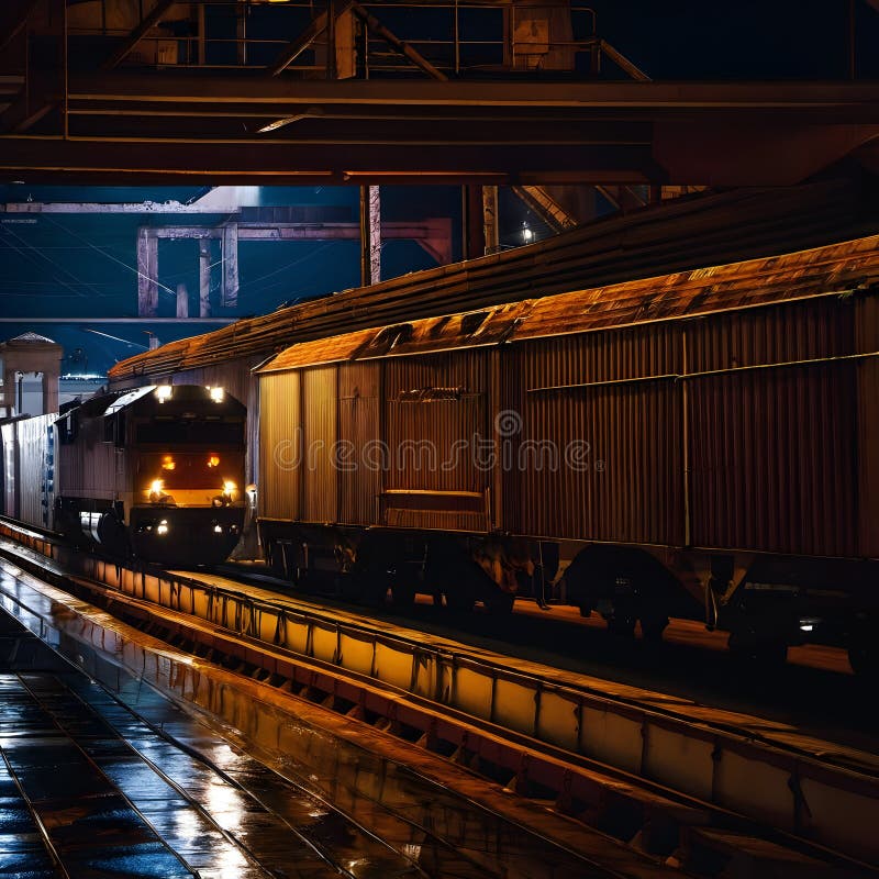 Nighttime Industrial Train Yard with Freight Train Stock Photo - Image ...