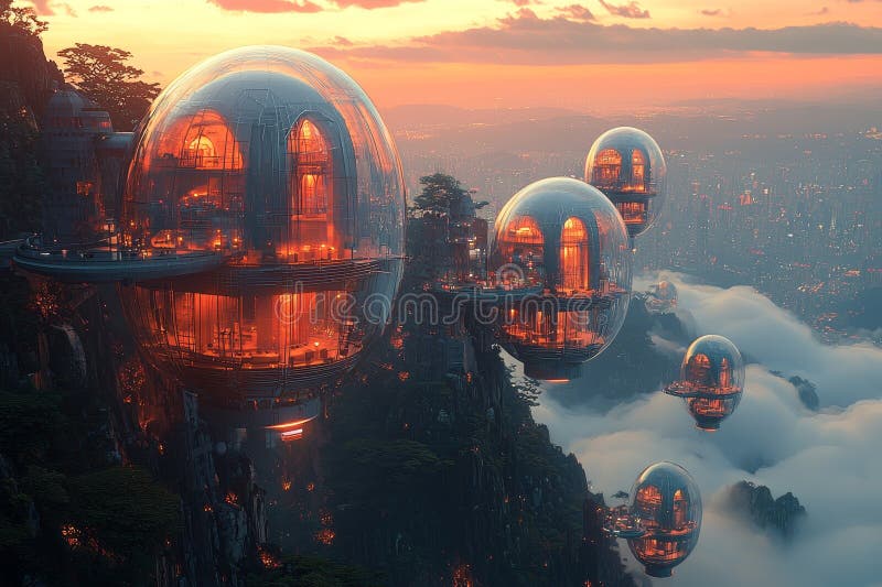 The Image Captures Futuristic Pods Floating in a Dreamlike Urban ...