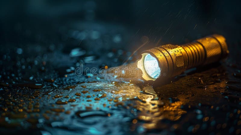 A Golden Flashlight Resting on Wet Surfaces. the Beam of Light Shines ...