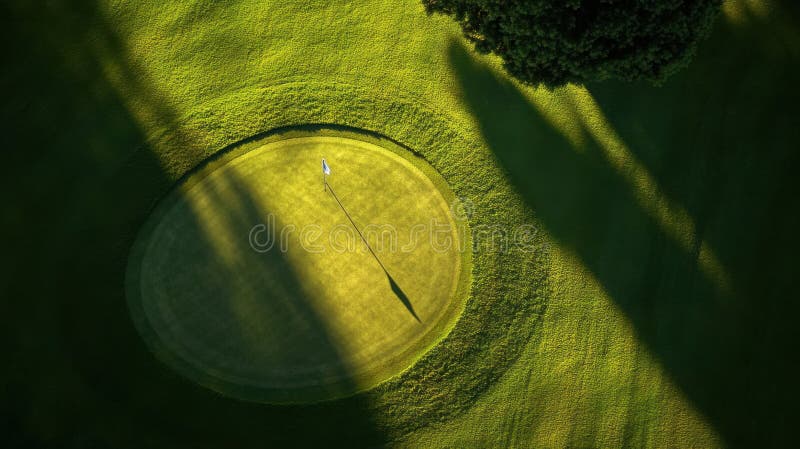 Aerial View of Golf Hole with Flag Casting Long Shadow on Vibrant Green ...