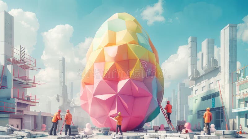 Builders Creating a Whimsical Easter Egg Sculpture - a Colorful and ...