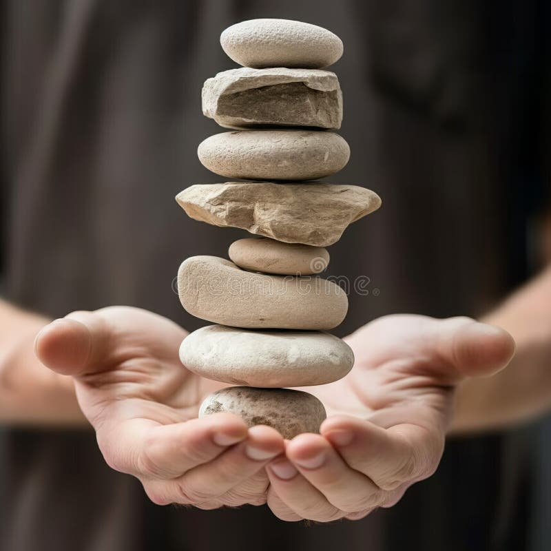 Hands Holding a Tall Stack of Smooth and Rough Stones for Balance and ...