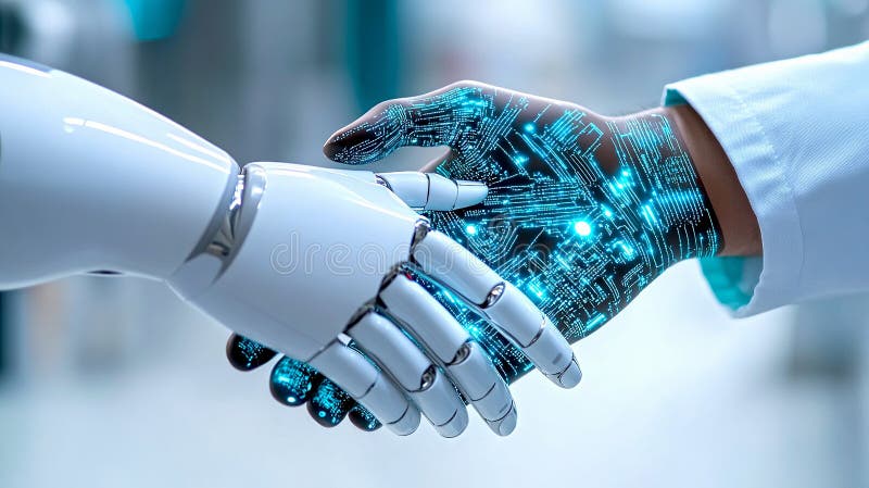 A Human and a Robotic Hand Shake, Signifying Partnership and Innovation ...