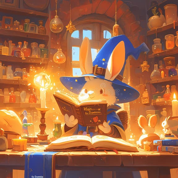 Magical Rabbit Wizard Reading Book Stock Illustration - Illustration of ...