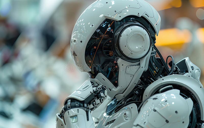 Advanced Humanoid Robot with a Thoughtful Expression in a Tech Expo ...