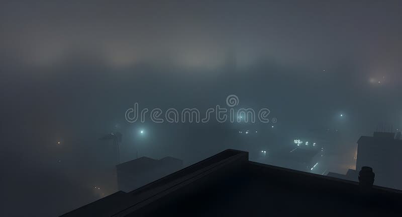 Enchanted Rooftop View of a Foggy City at Night AI Generated Stock ...