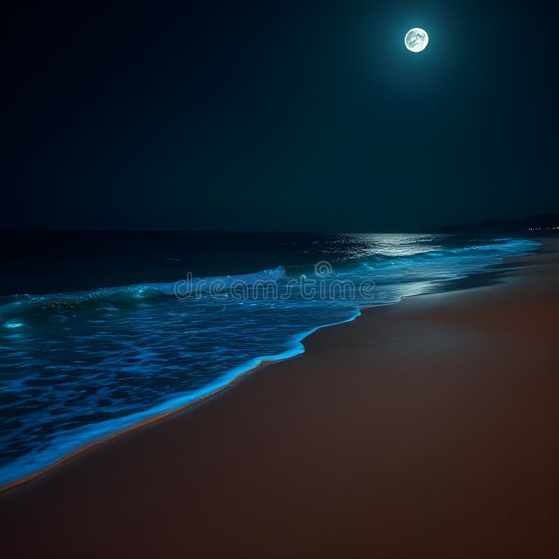 Enchanted Nighttime Beach with Bioluminescent Waves AI Generated Stock ...