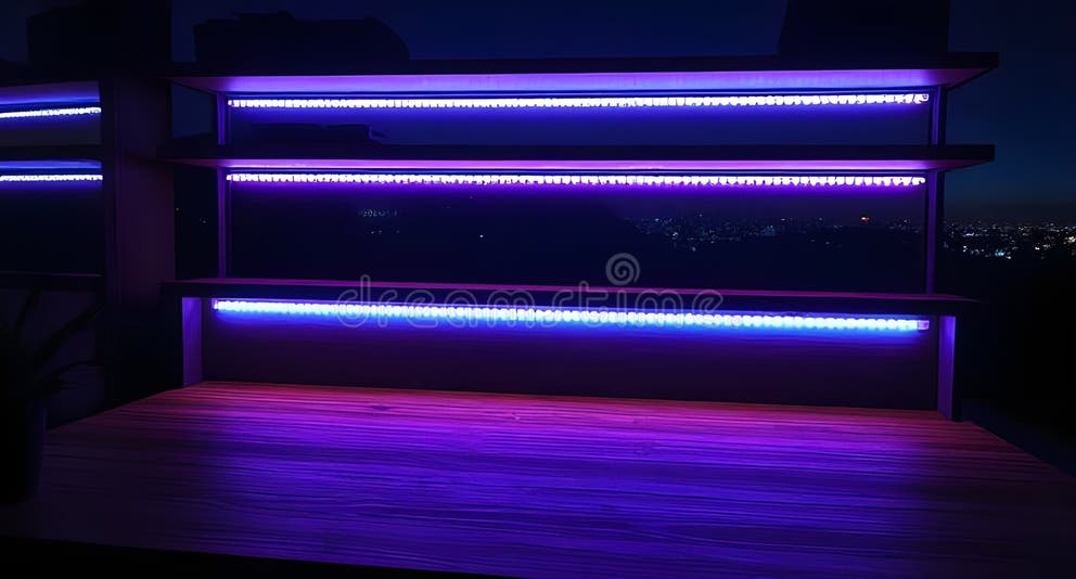 Enchanted Nighttime Workspace with Glowing LED Strip Lights and Dark ...