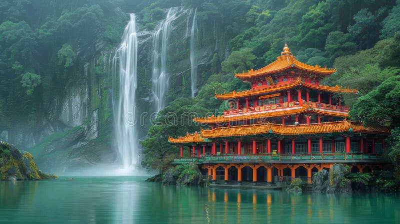Serene View of Eternal Spring Shrine with Majestic Waterfall in Lush ...