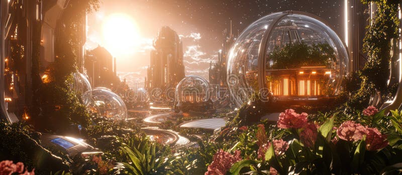 Futuristic Space Colony with Metallic Structures, Neon Accents, Solar ...