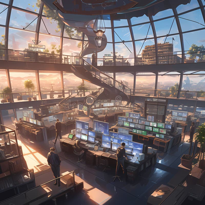 Epic Control Room with Cityscape View Stock Illustration - Illustration ...