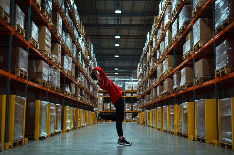 A Person Stretching Joyfully in a Warehouse Filled with Stacked Boxes ...