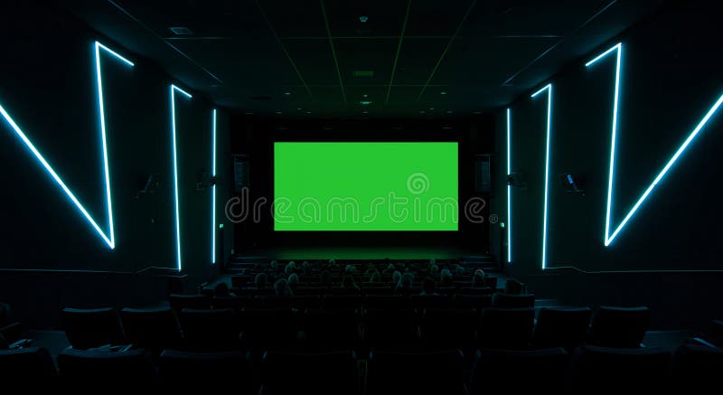 Contemporary Movie Theater with Green Screen and Blue Lighting Stock ...