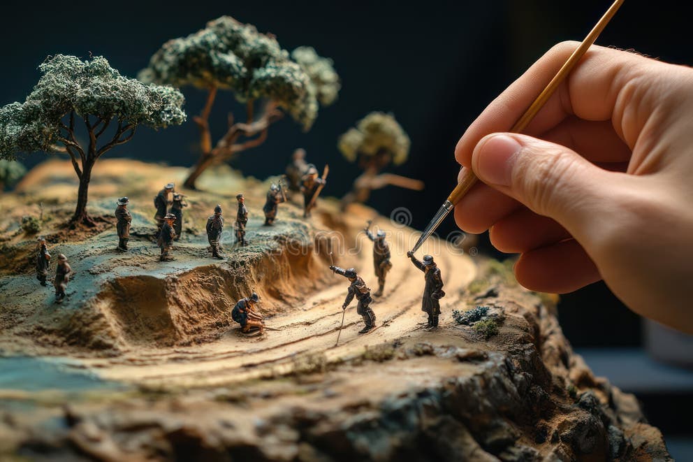 Closeup of Hand Crafting Diorama: Miniature Figurines, Acrylic Paints ...