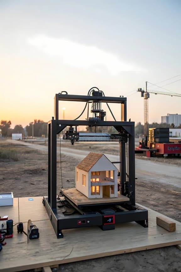 Large 3D Printer Constructing House Model at Sunset on Site Stock ...