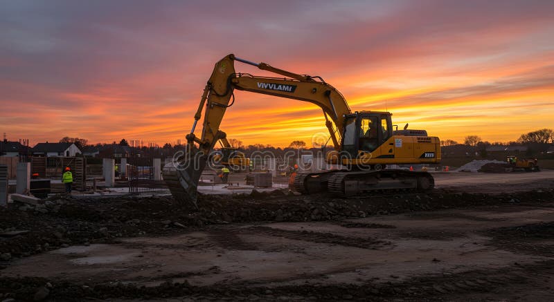 Excavator at Work during Sunset on Construction Site Stock Illustration ...
