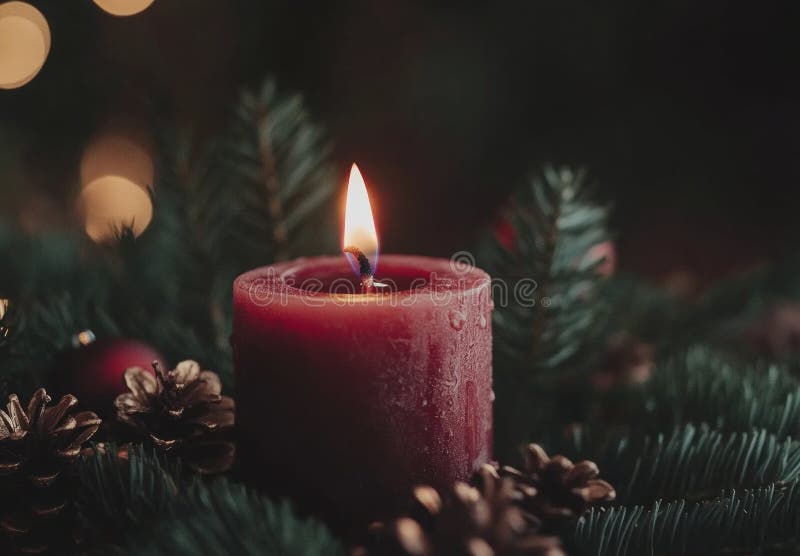 The Image Captures a Lit Red Candle in a Close-up Shot within a Festive ...