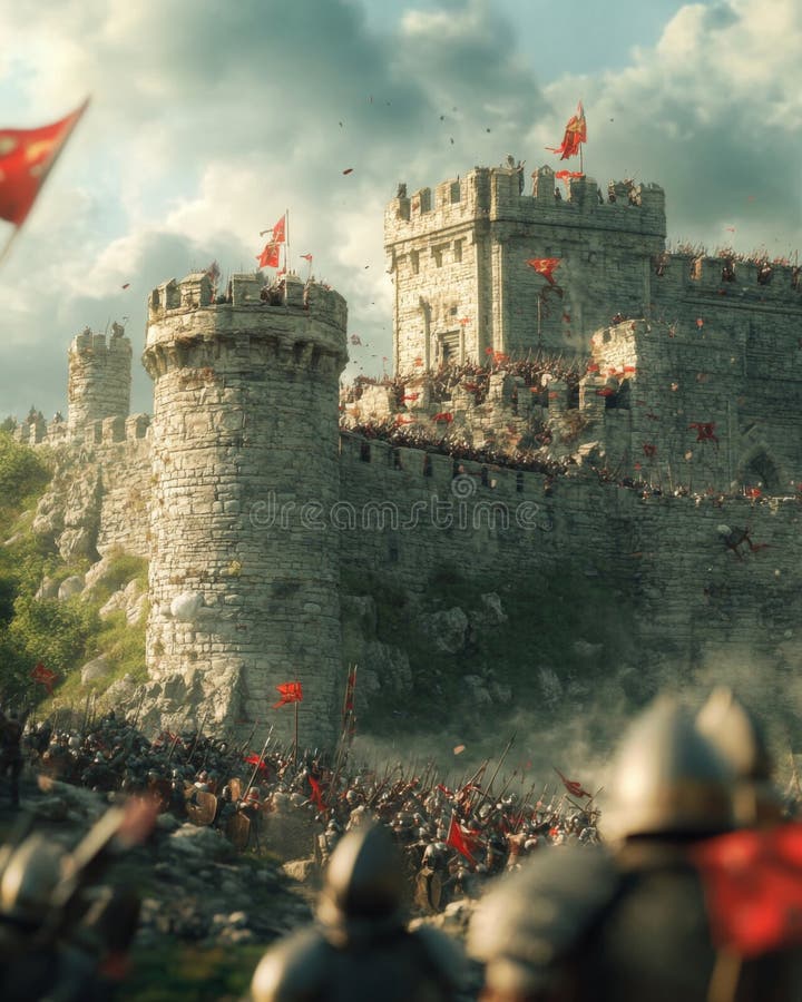 A Bustling Medieval Castle Scene Unfolds with Soldiers and Flags Waving ...
