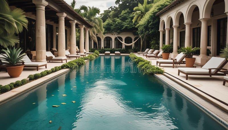 Luxurious Outdoor Pool Area with Classical Architecture and Lush ...