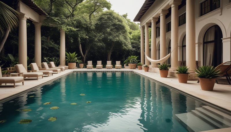 Luxurious Outdoor Pool Area with Classical Architecture and Lush ...