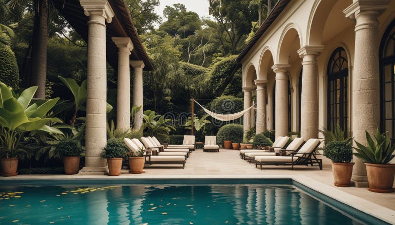Luxurious Outdoor Pool Area with Classical Architecture and Lush ...