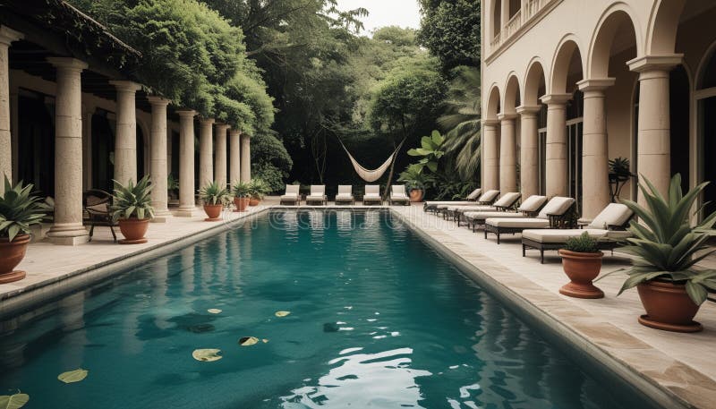 Luxurious Outdoor Pool Area with Classical Architecture and Lush ...