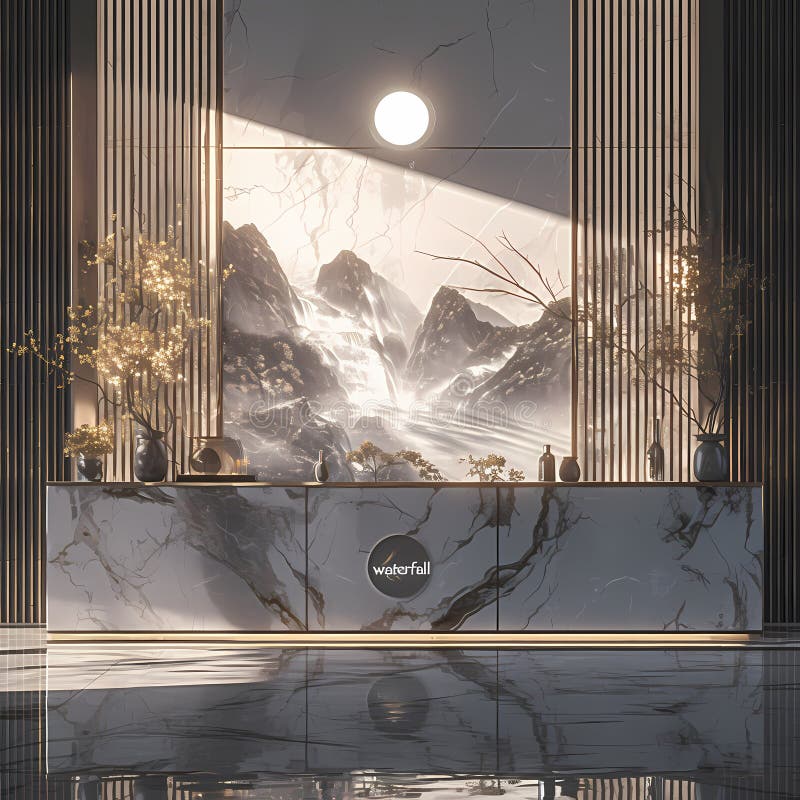 Elegant Reception Hall with Mountain Waterfall View Stock Illustration ...