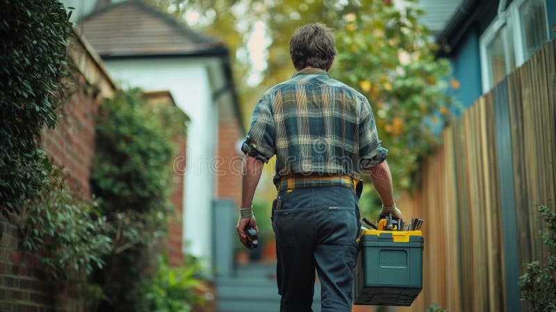 A Man Walks Down a Serene Garden Path Carrying a Toolbox. he is Focused ...