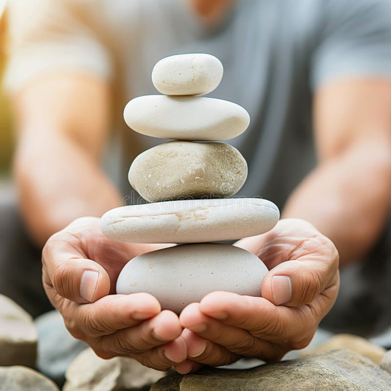 Man Holding a Balanced Stack of Smooth Stones in an Outdoor Setting for ...