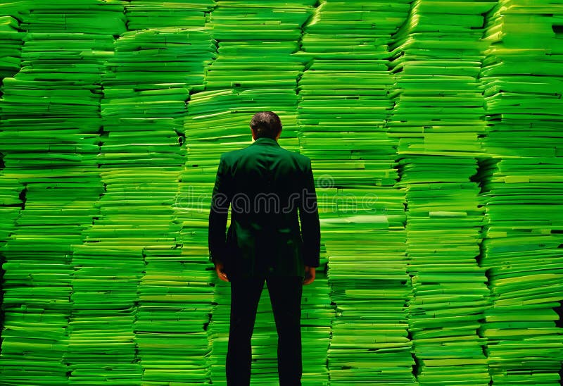 A Man Standing in Front of a Large Stack of Green Files. Stock Photo ...