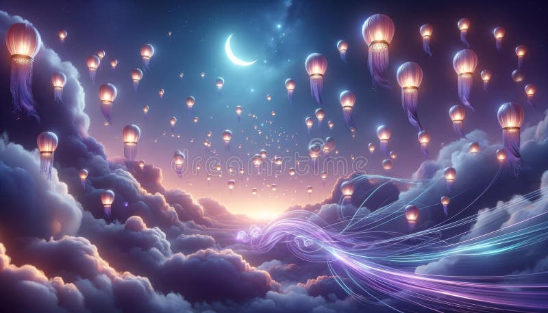 Enchanting Sky Lanterns at Night, Dreamy Fantasy Concept Stock ...