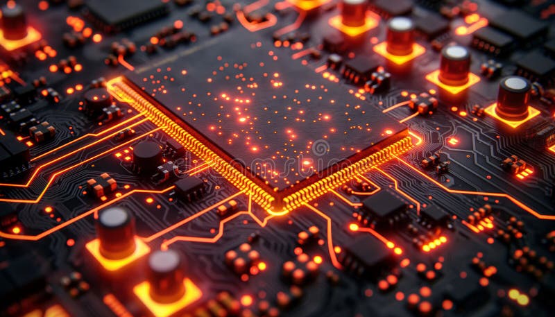 Microchip with Orange Energy and Circuitry Stock Photo - Image of ...