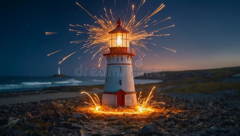 This Image Captures a Miniature Lighthouse Model at Dusk Fire Sparkles ...