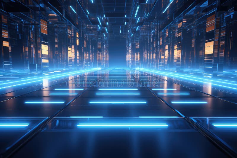Futuristic Data Center with Glowing Blue Lights and Server Racks at ...