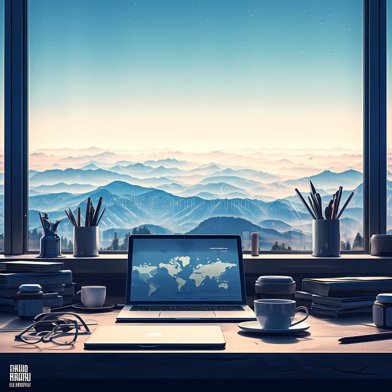 Efficient Remote Workstation with Mountain View Stock Illustration ...