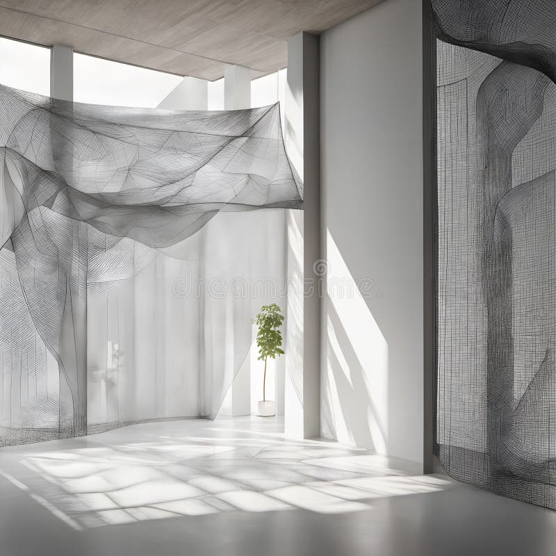 Modern Minimalist Interior with Mesh Drapes and Sunlight Shadows Stock ...