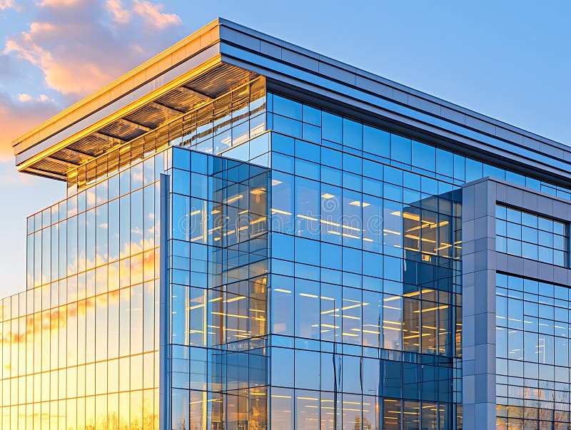 Modern Office Building with Reflective Glass Windows and Sky Backdrop ...
