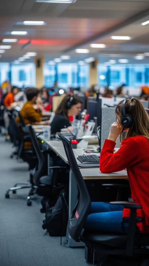 A Busy Office Space Filled with Professionals Wearing Headsets. the ...