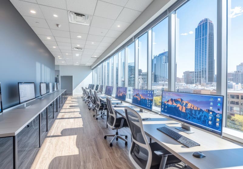 Sleek Modern Office Space with Panoramic City Views, Stylish Desk ...