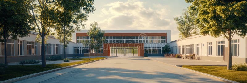 Modern School Building Exterior with Large Windows and Trees in a Sunny ...