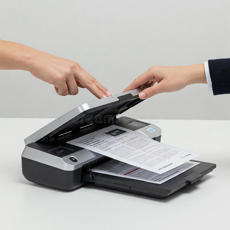 Hands Scanning Documents on a Flatbed Scanner, Pressing the Lid Closed ...